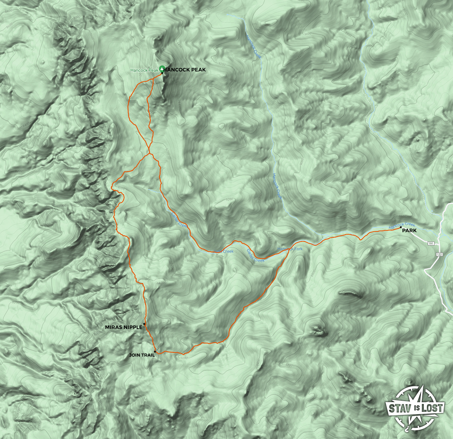 Map of Hancock Peak and Miras Nipple Loop - Stav is Lost