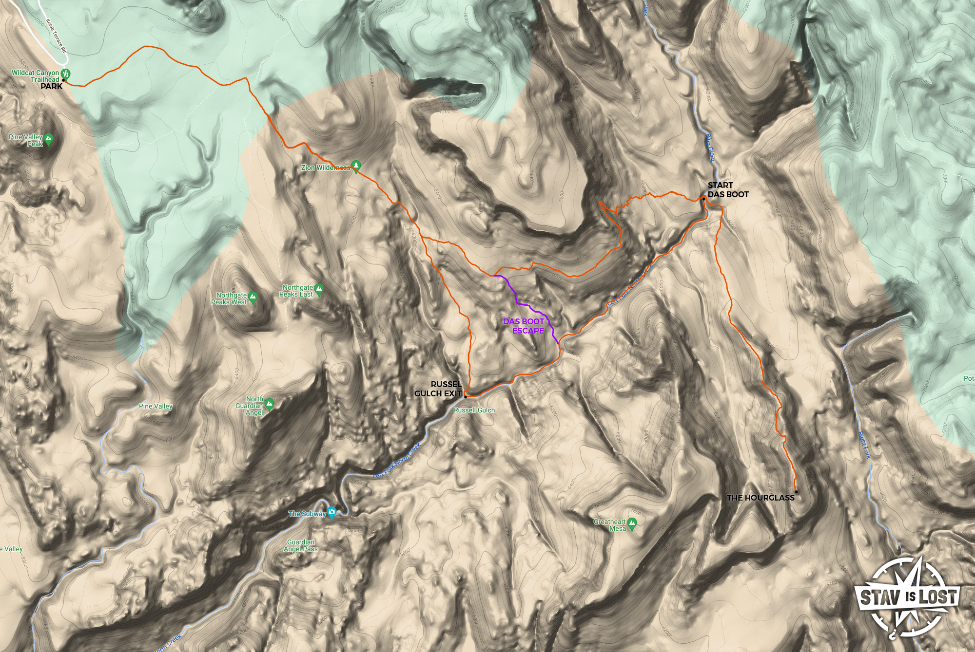 Map of Das Boot Canyon and The Hourglass - Stav is Lost