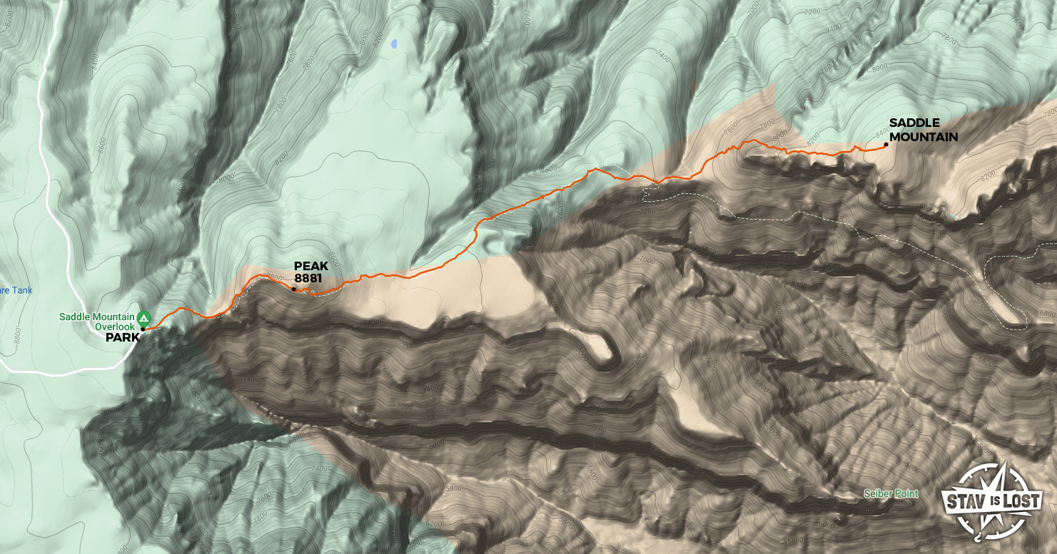 Map of Saddle Mountain via Saddle Mountain Trail - Stav is Lost