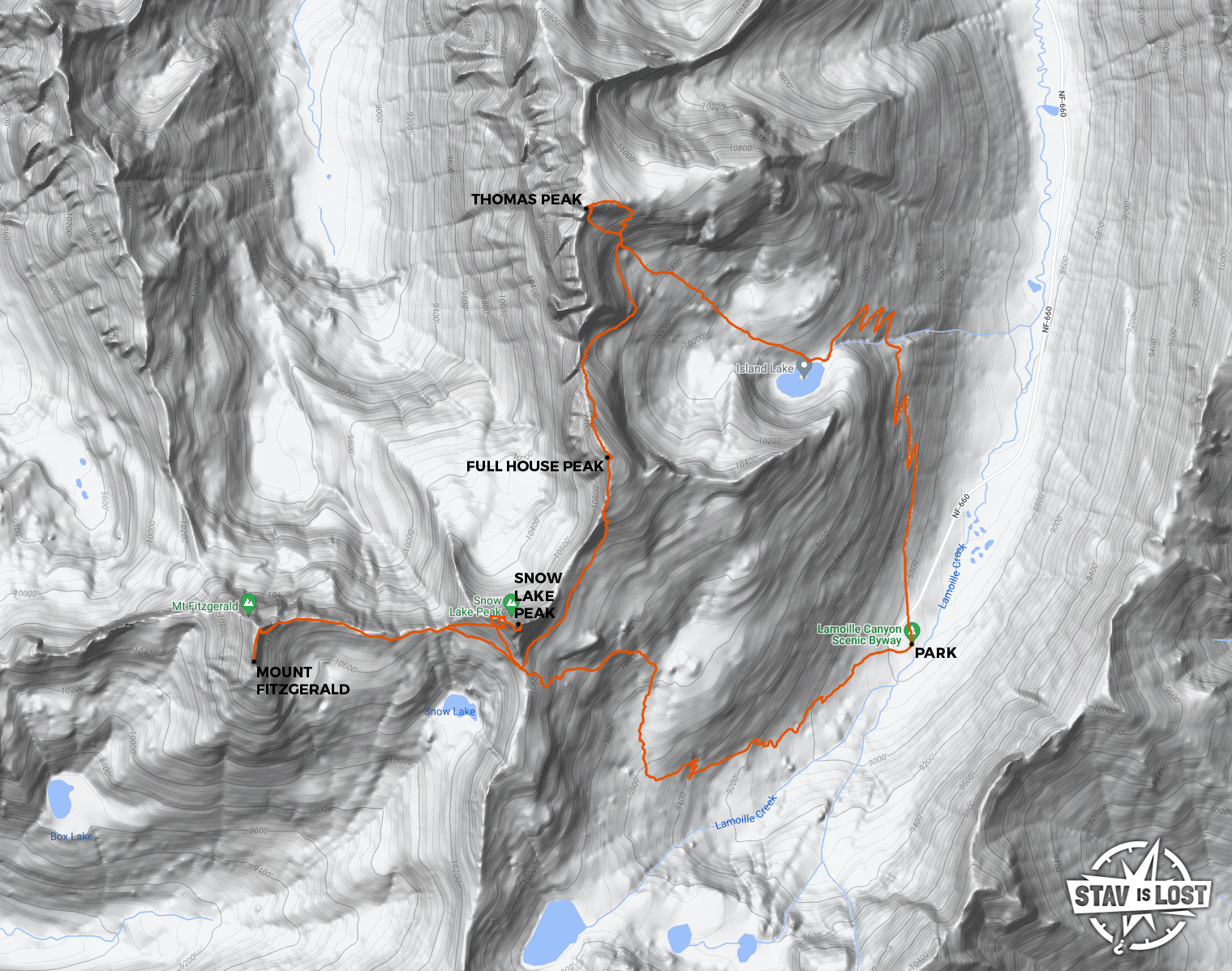 Map of Thomas Peak, Full House Peak, Snow Lake Peak, Mount Fitzgerald ...