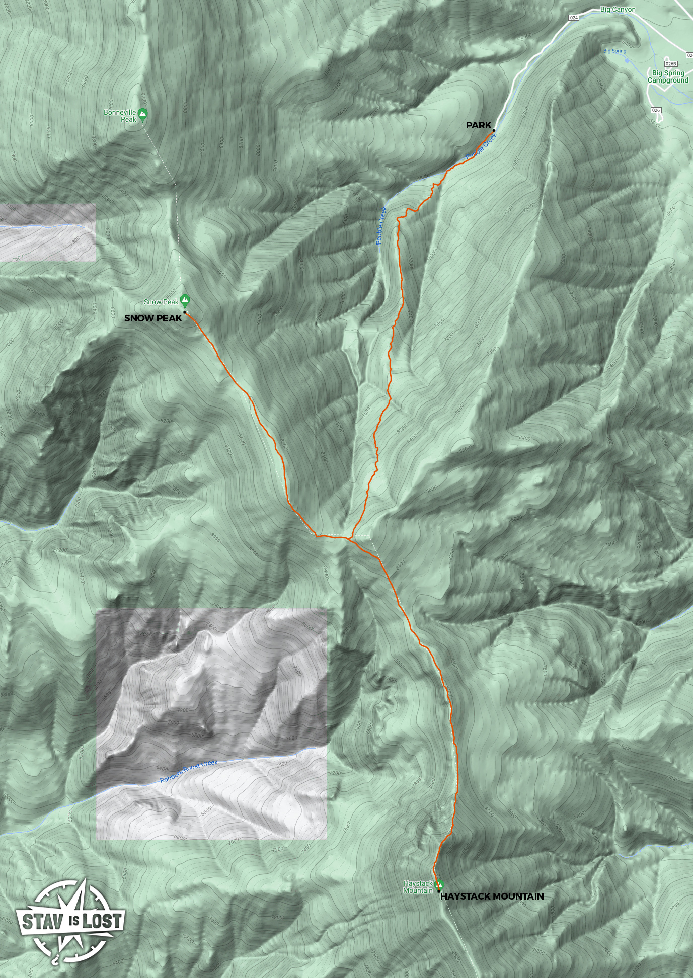 Map of Haystack Mountain and Snow Peak via Big Canyon Trail - Stav is Lost