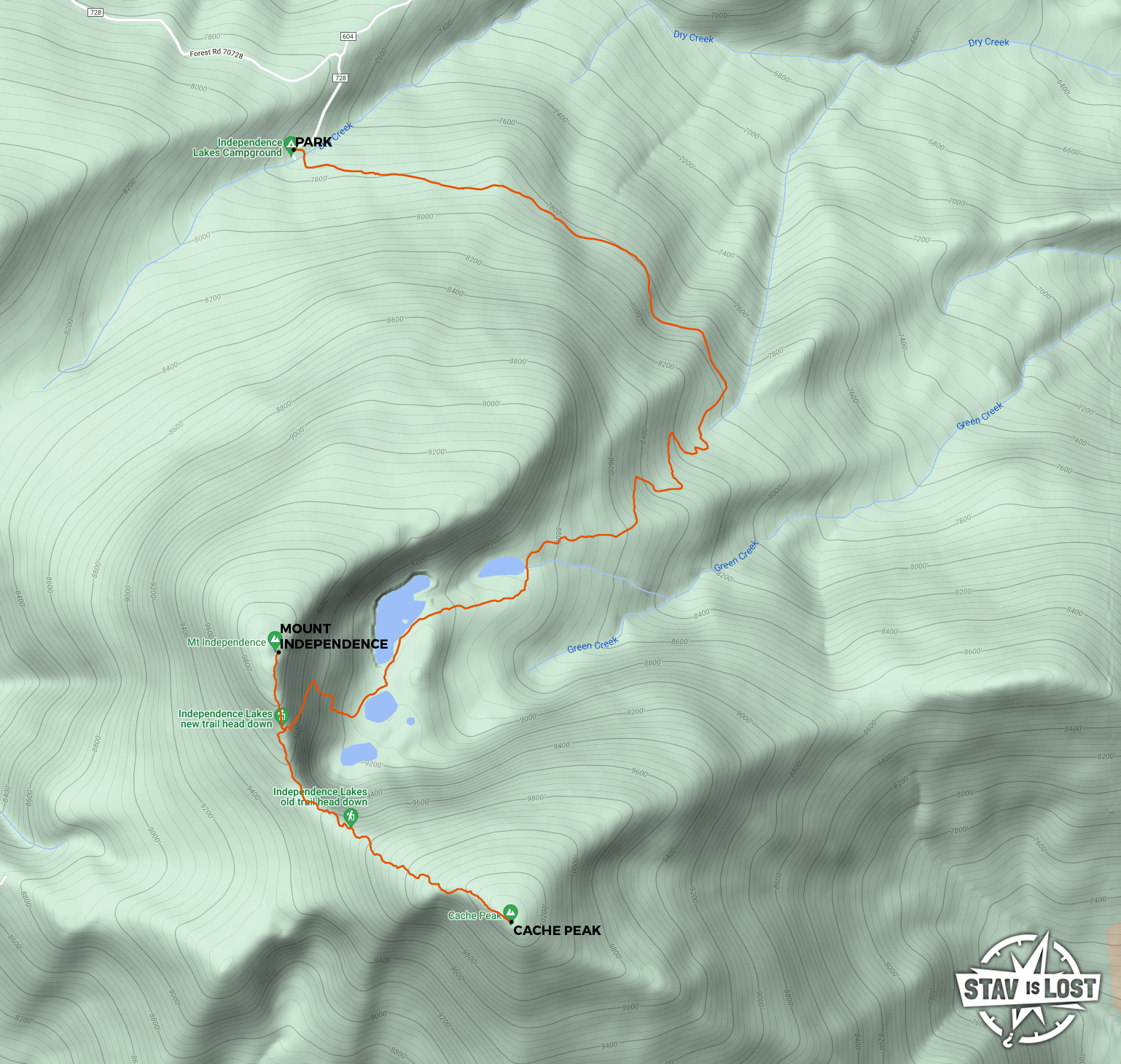 Map of Cache Peak via Independence Lakes - Stav is Lost