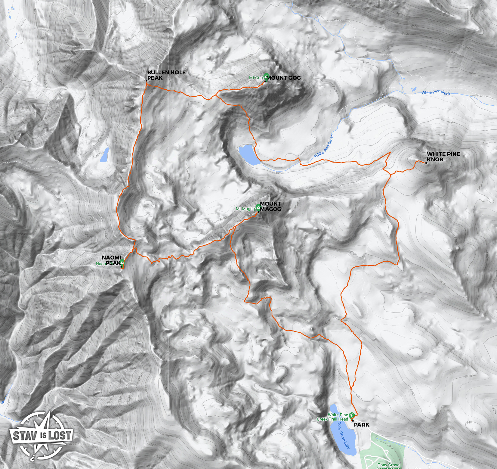 Map of Mount Magog, Naomi Peak, Mount Gog, White Pine Lake - Stav is Lost