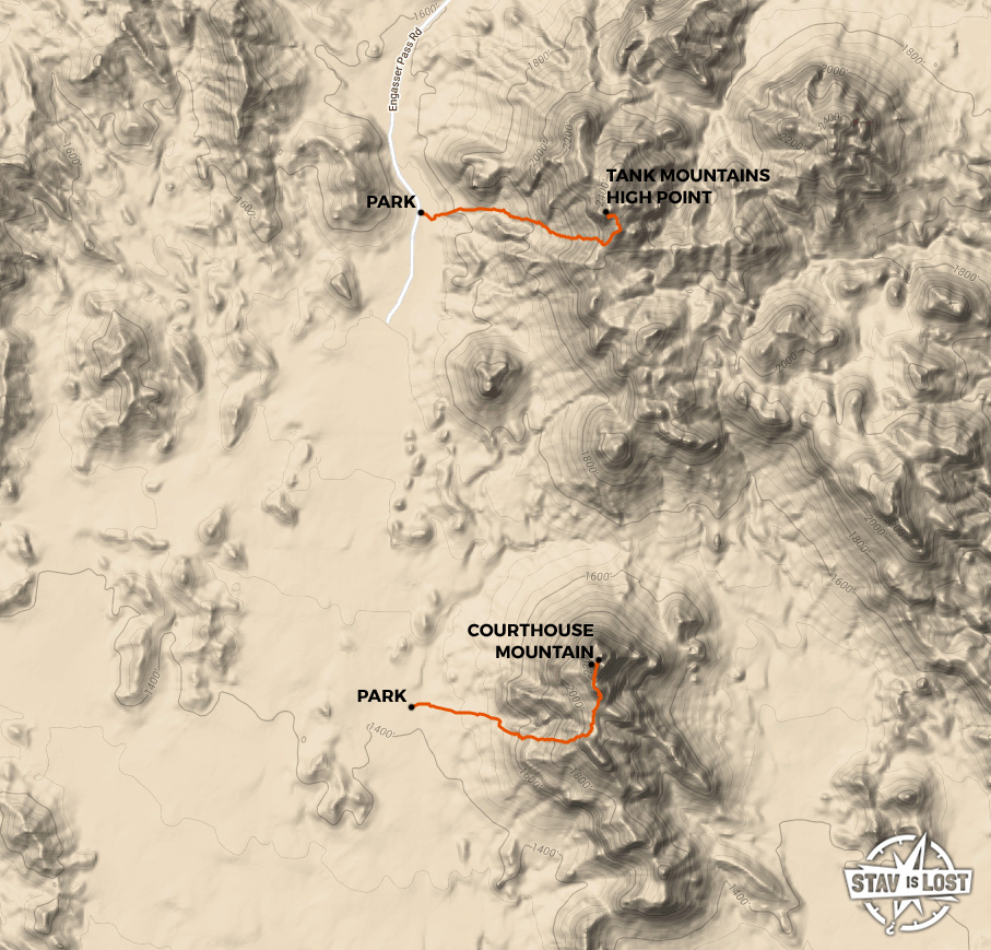 Hiking Map for Tank Mountains High Point and Courthouse Mountain