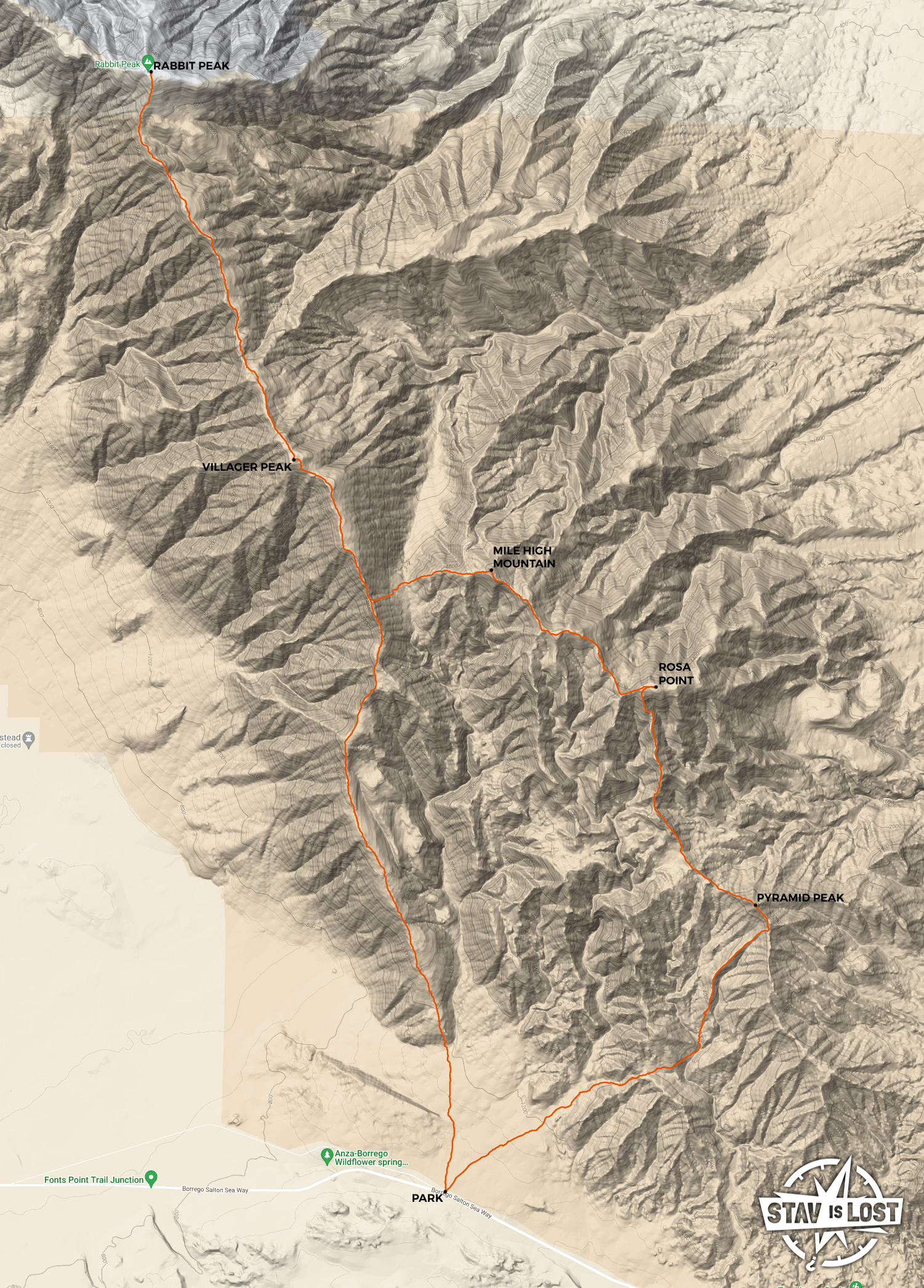 Map of Rabbit Peak, Mile High Mountain, Rosa Point, Pyramid Peak - Stav ...