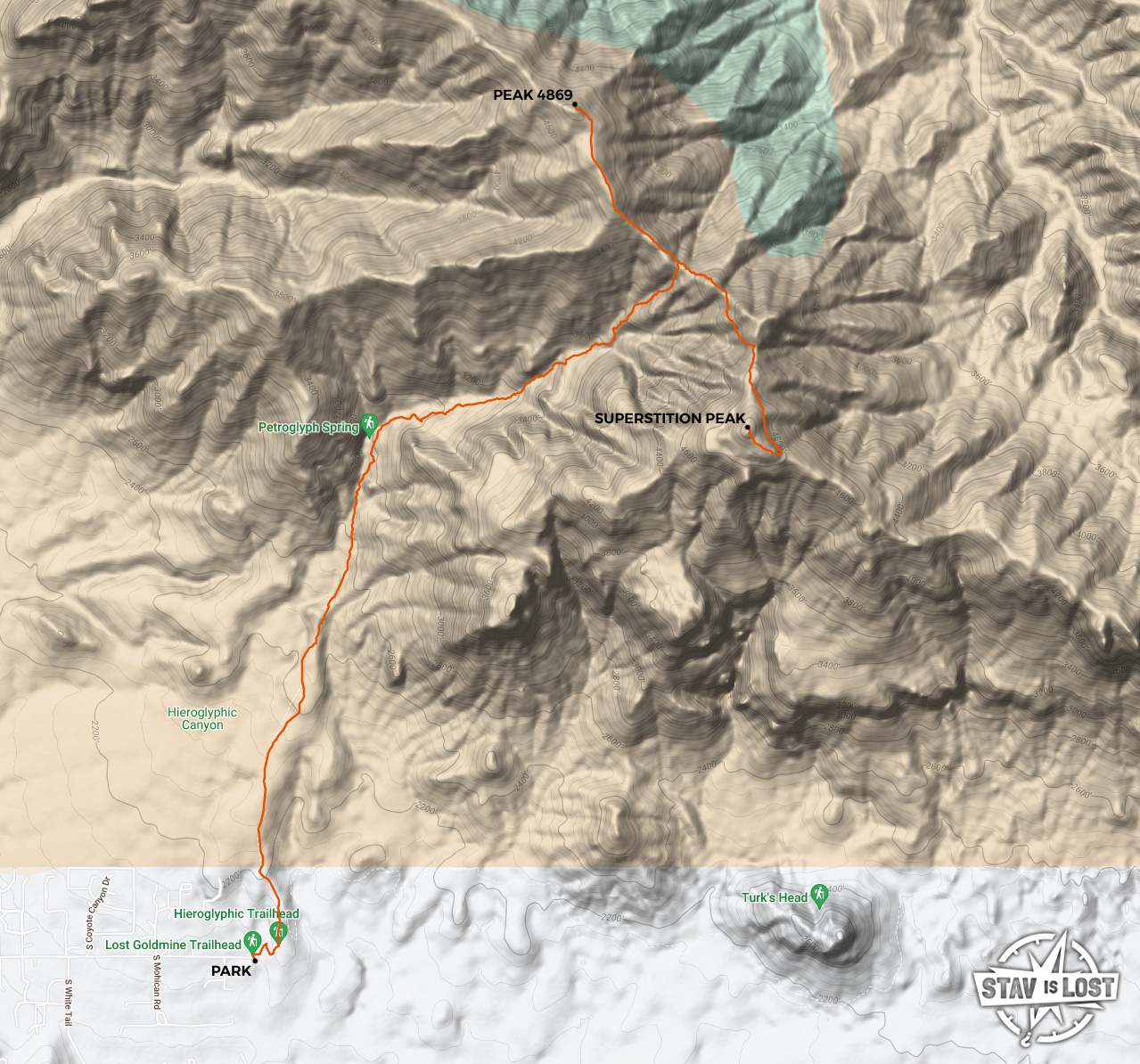 Map of Superstition Peak via Hieroglyphic Trail - Stav is Lost