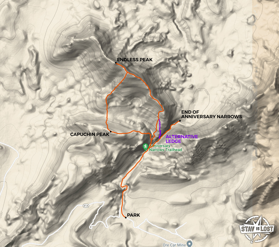 Map of Endless Peak and Capuchin Peak via Anniversary Narrows - Stav is ...