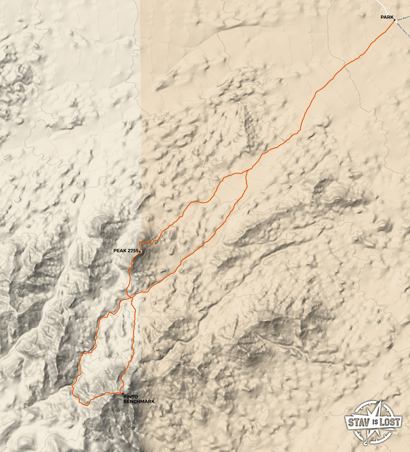 Map of Pinto Benchmark and Nellis Wash Wilderness - Stav is Lost
