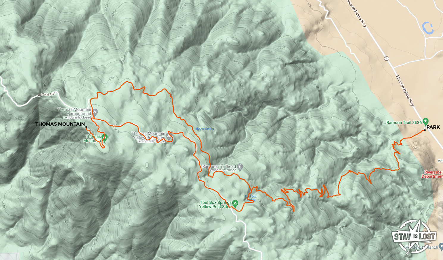 Hiking Map for Thomas Mountain via Ramona Trail