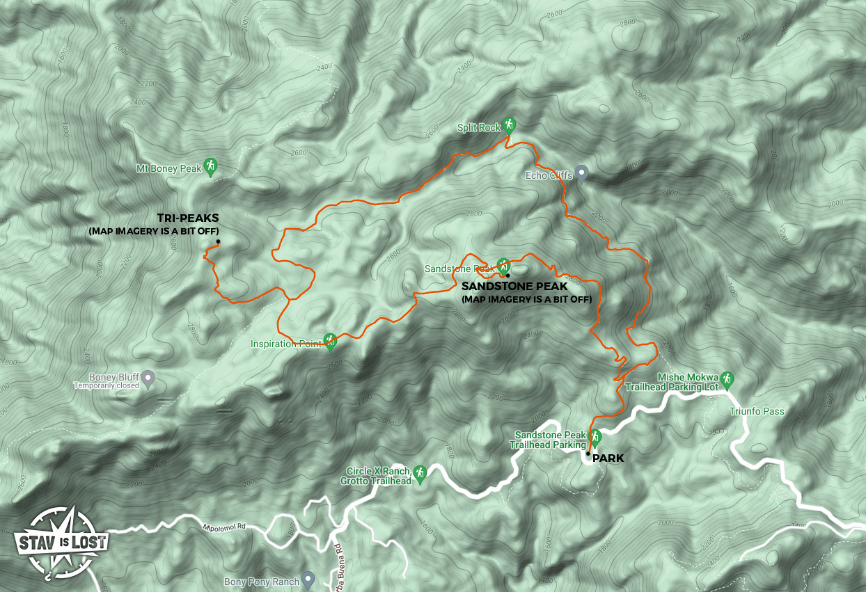 Hiking Map for Sandstone Peak and Tri-Peaks Loop