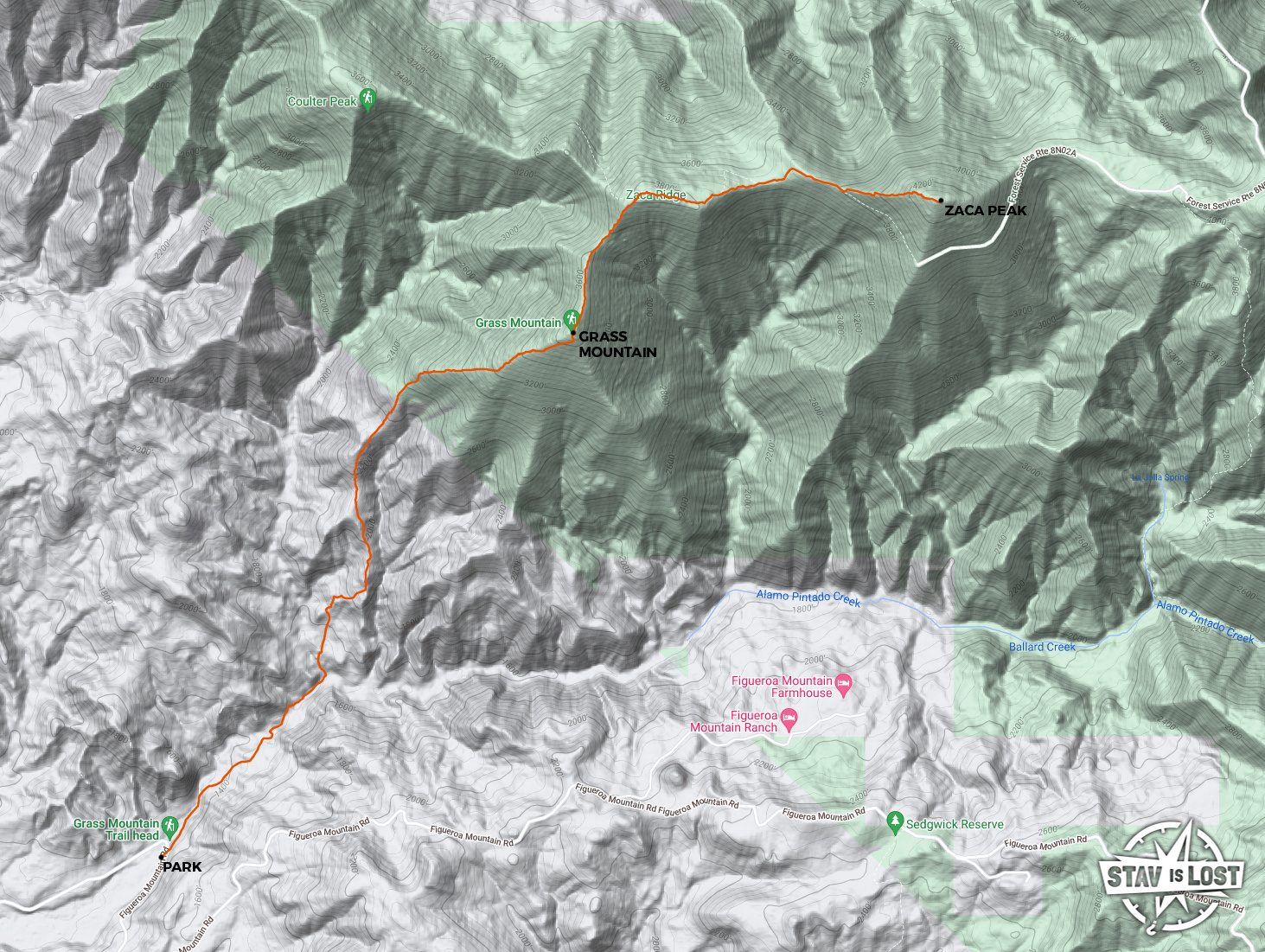 Hiking Map for Zaca Peak via Grass Mountain Trail