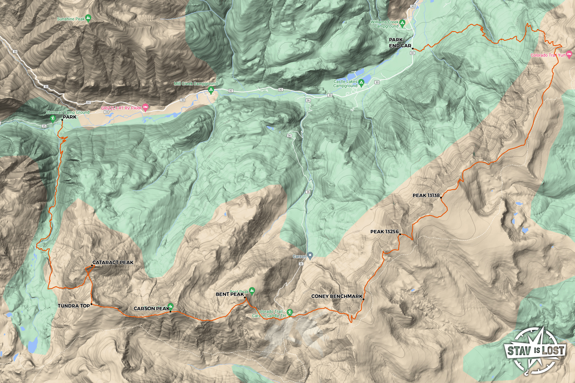 Map of Cataract Peak, Carson Peak, Bent Peak, Coney Benchmark - Stav is ...