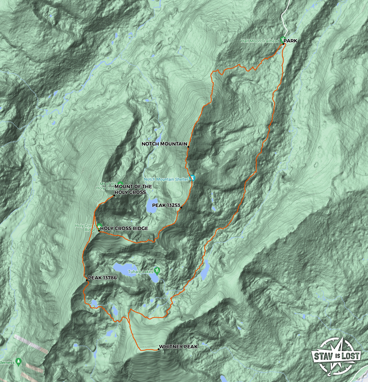 Map of Notch Mountain, Holy Cross Ridge, Whitney Peak Loop - Stav is Lost