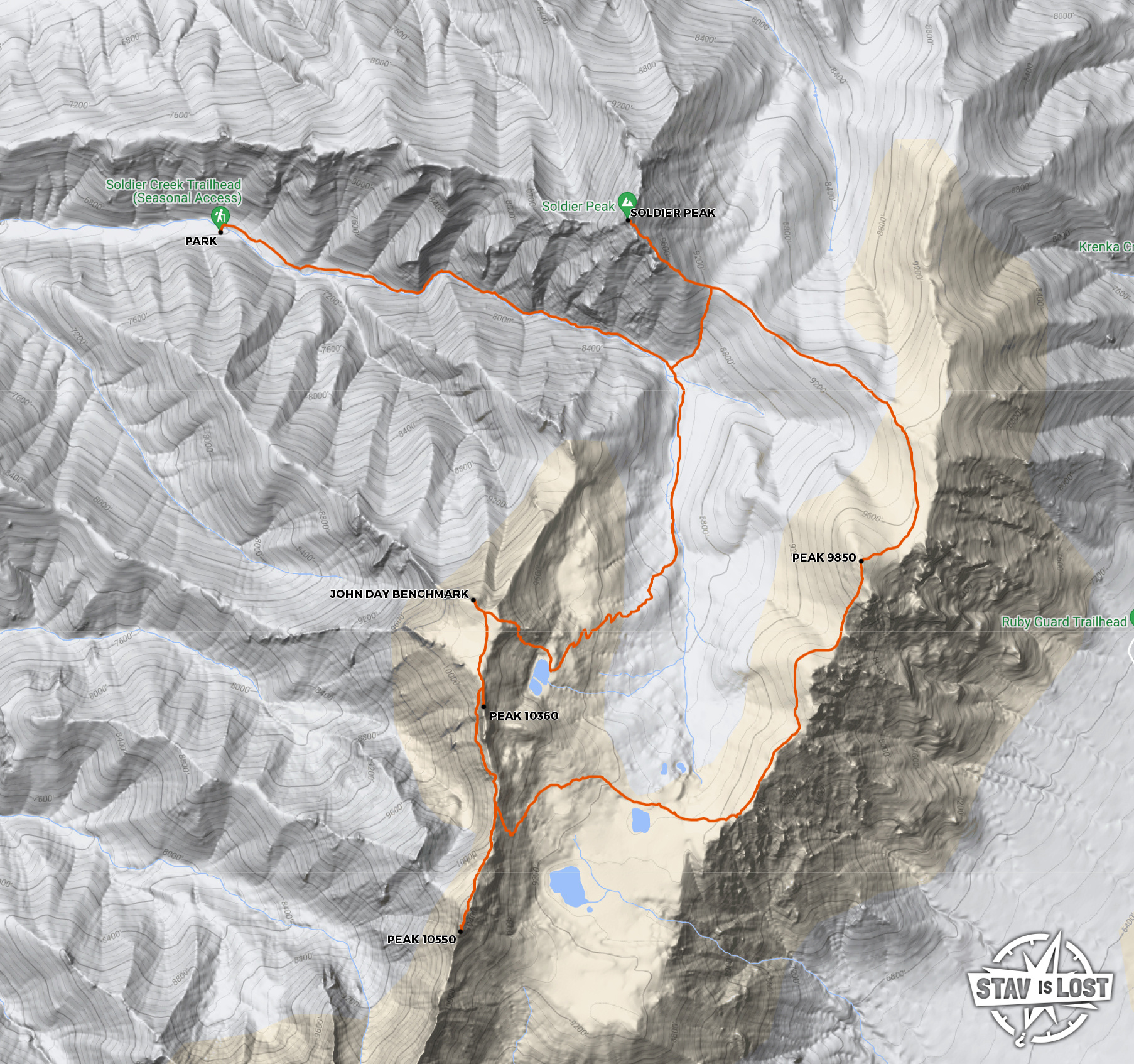 Map of Soldier Basin Peaks Loop via Soldier Creek and Hidden Lakes ...