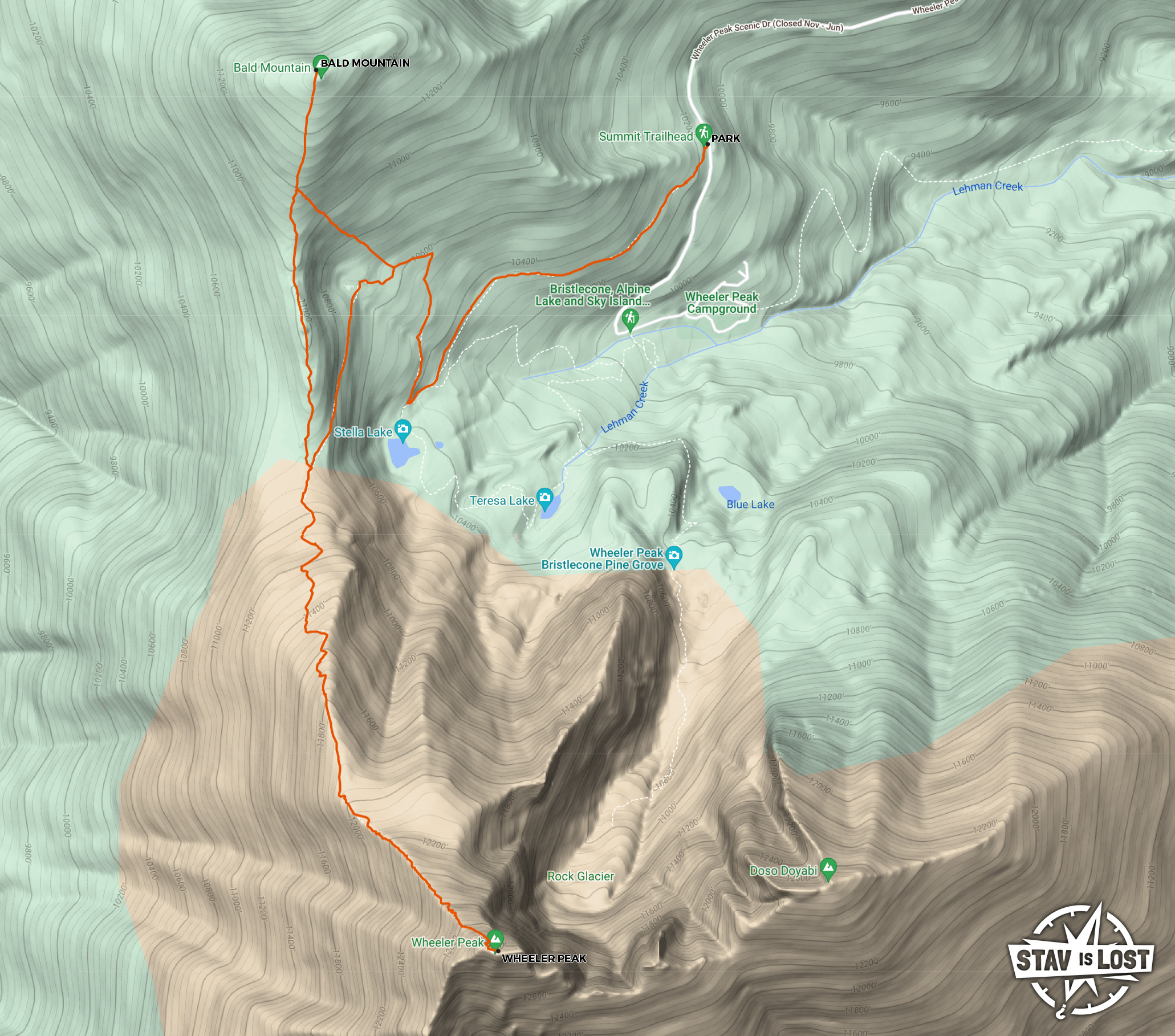 Map of Wheeler Peak and Bald Mountain - Stav is Lost