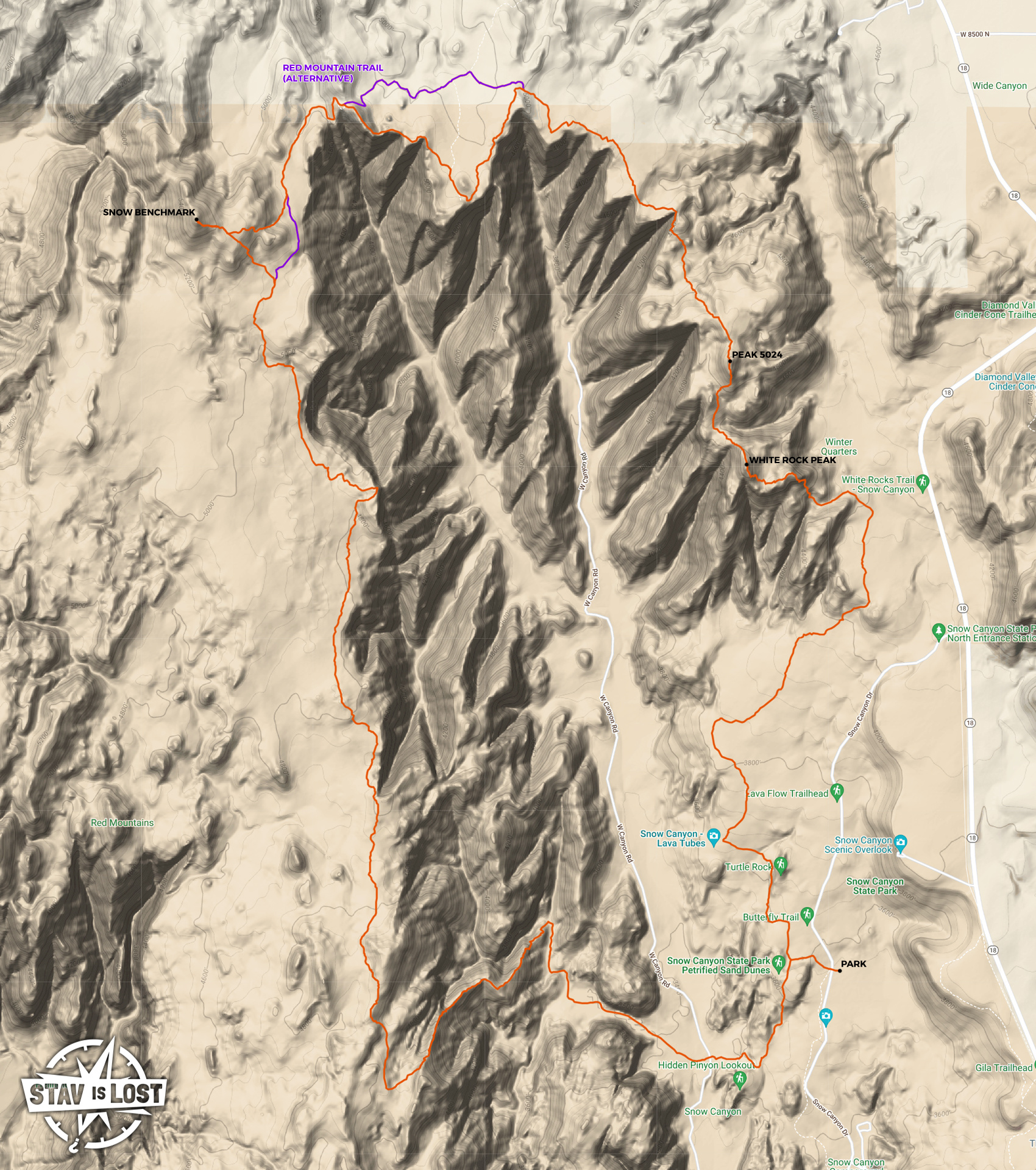 Map of White Rock Peak, Snow Benchmark, Snow Canyon Rim Loop - Stav is Lost