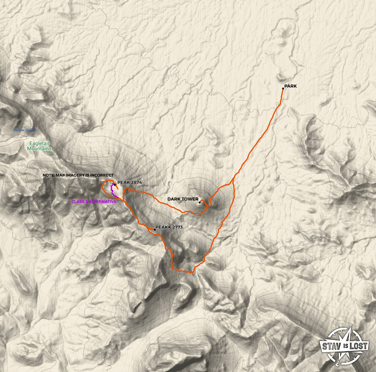 Map of Central Eagletail Mountains Wilderness - Stav is Lost