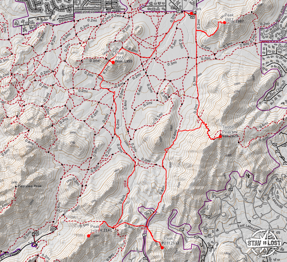 Map of TwoBit Peak and Phoenix Mountains Loop - Stav is Lost