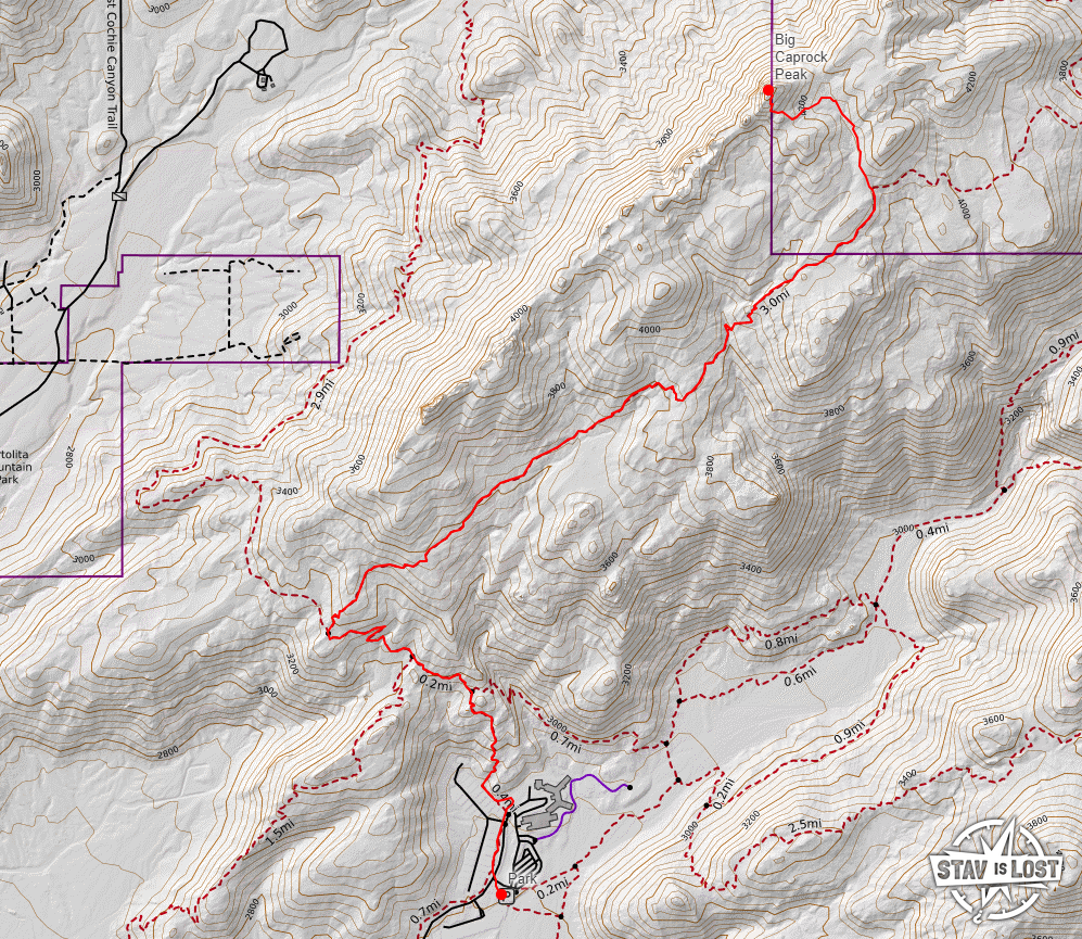 Map of Big Caprock Peak via Wild Mustang Trail - Stav is Lost