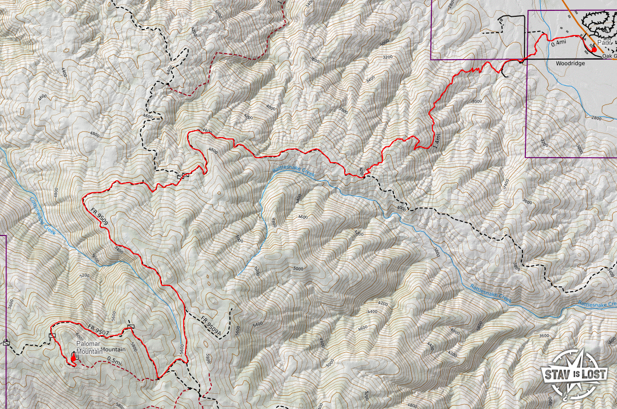Hiking Map for Palomar Mountain via Oak Grove Trail